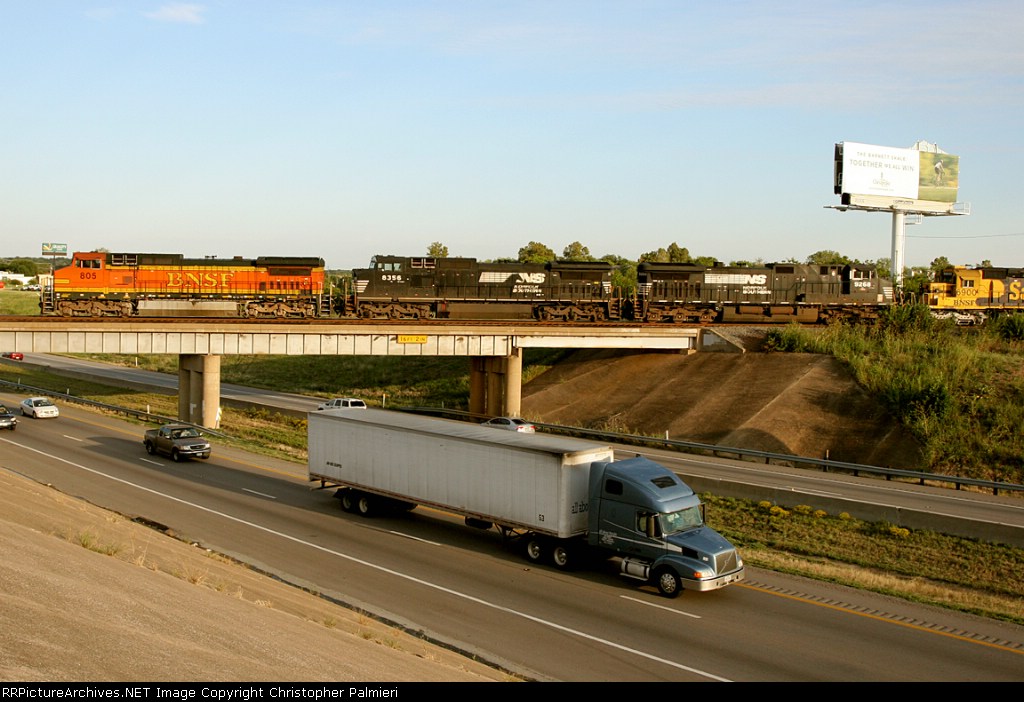 BNSF 805, NS 8356, and NS 9268